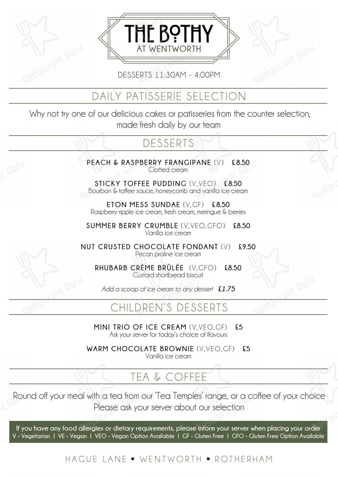 Menu at The Bothy restaurant, Rotherham
