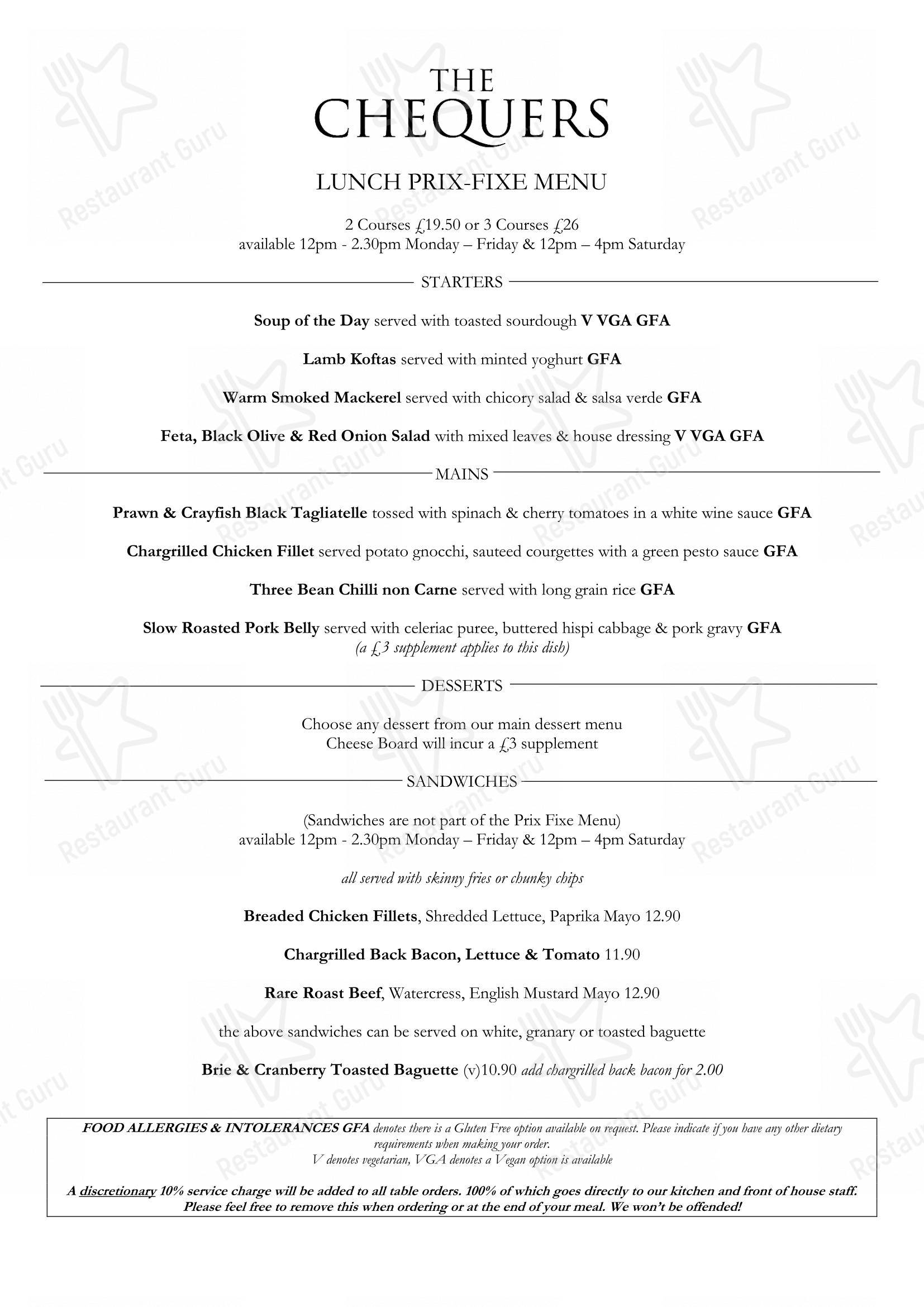 Menu at The Chequers pub & bar, Westoning, Park Rd