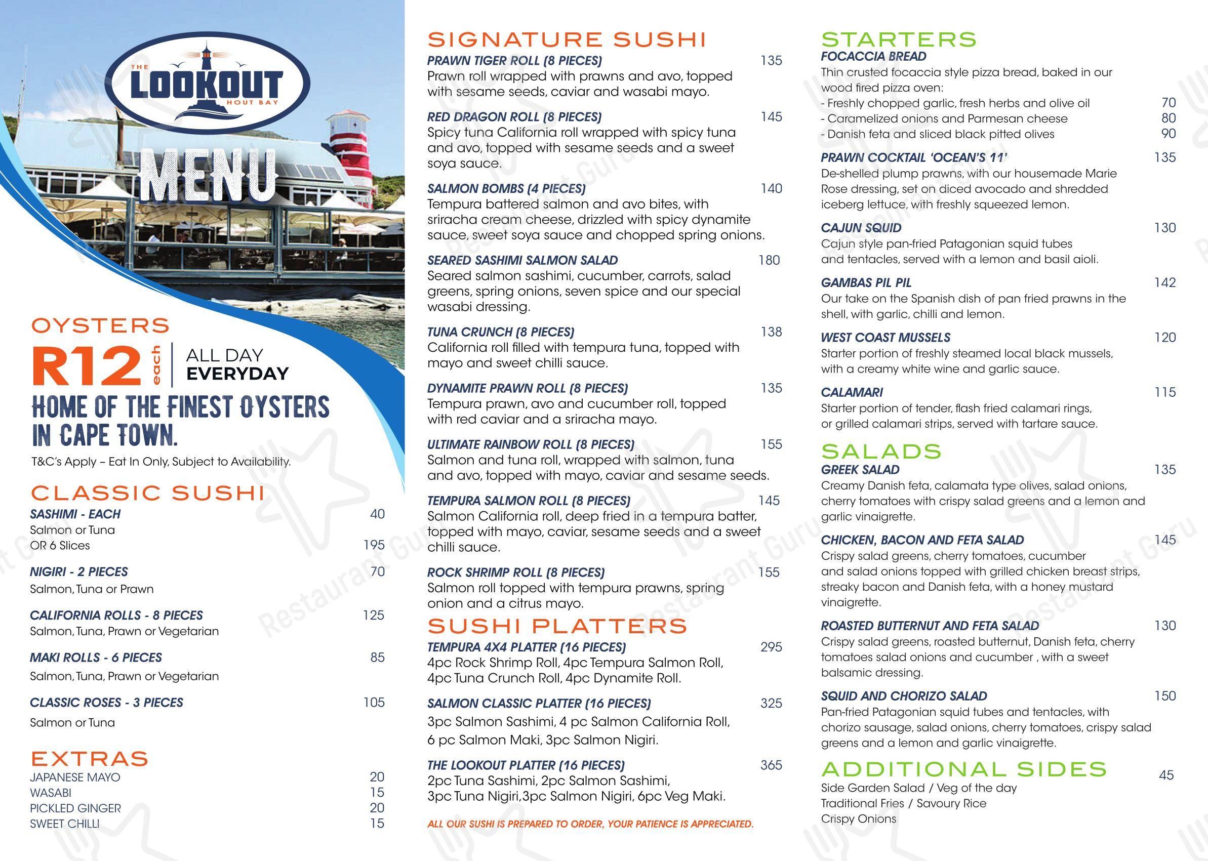 Menu at The Lookout Hout Bay restaurant, Cape Town