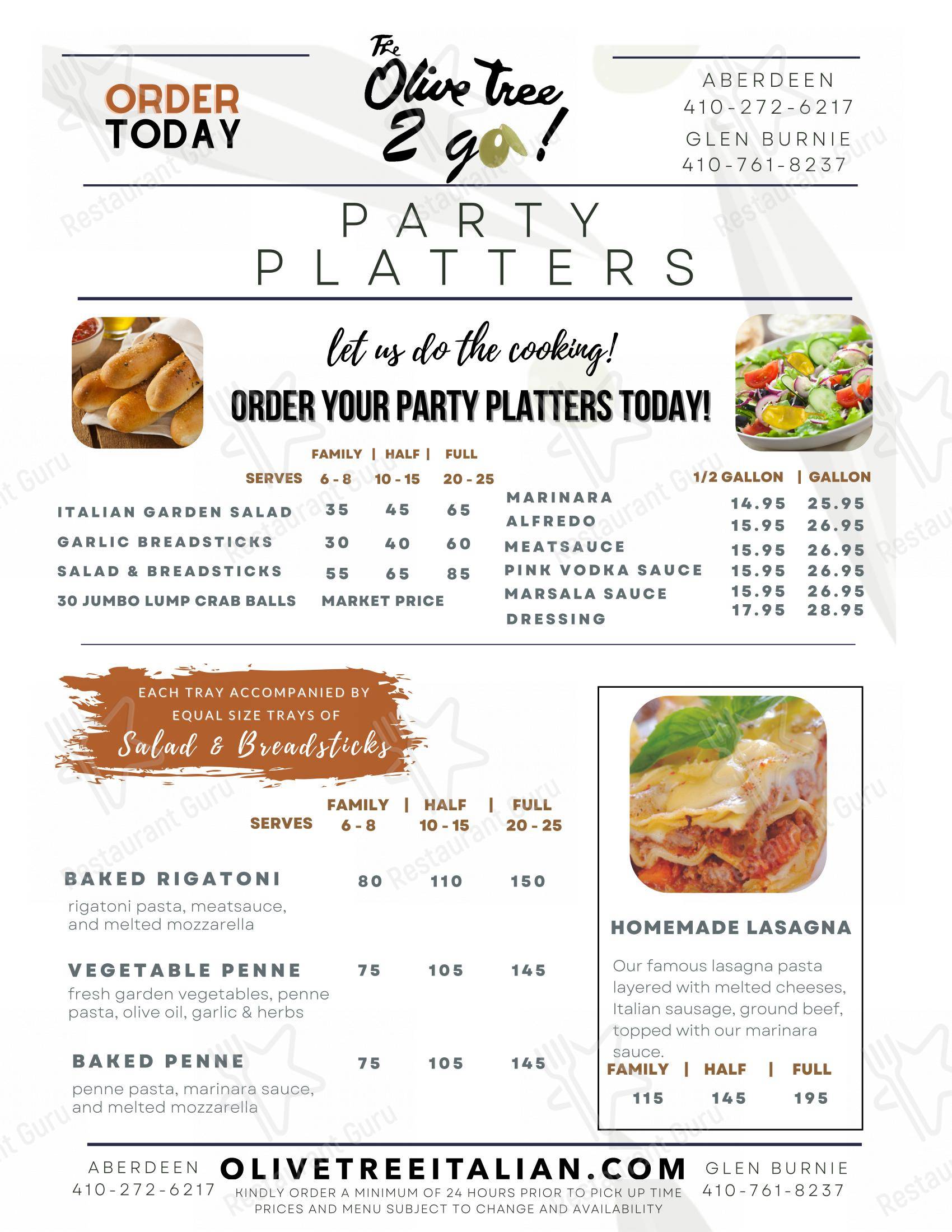 Menu at The Olive Tree restaurant, Glen Burnie
