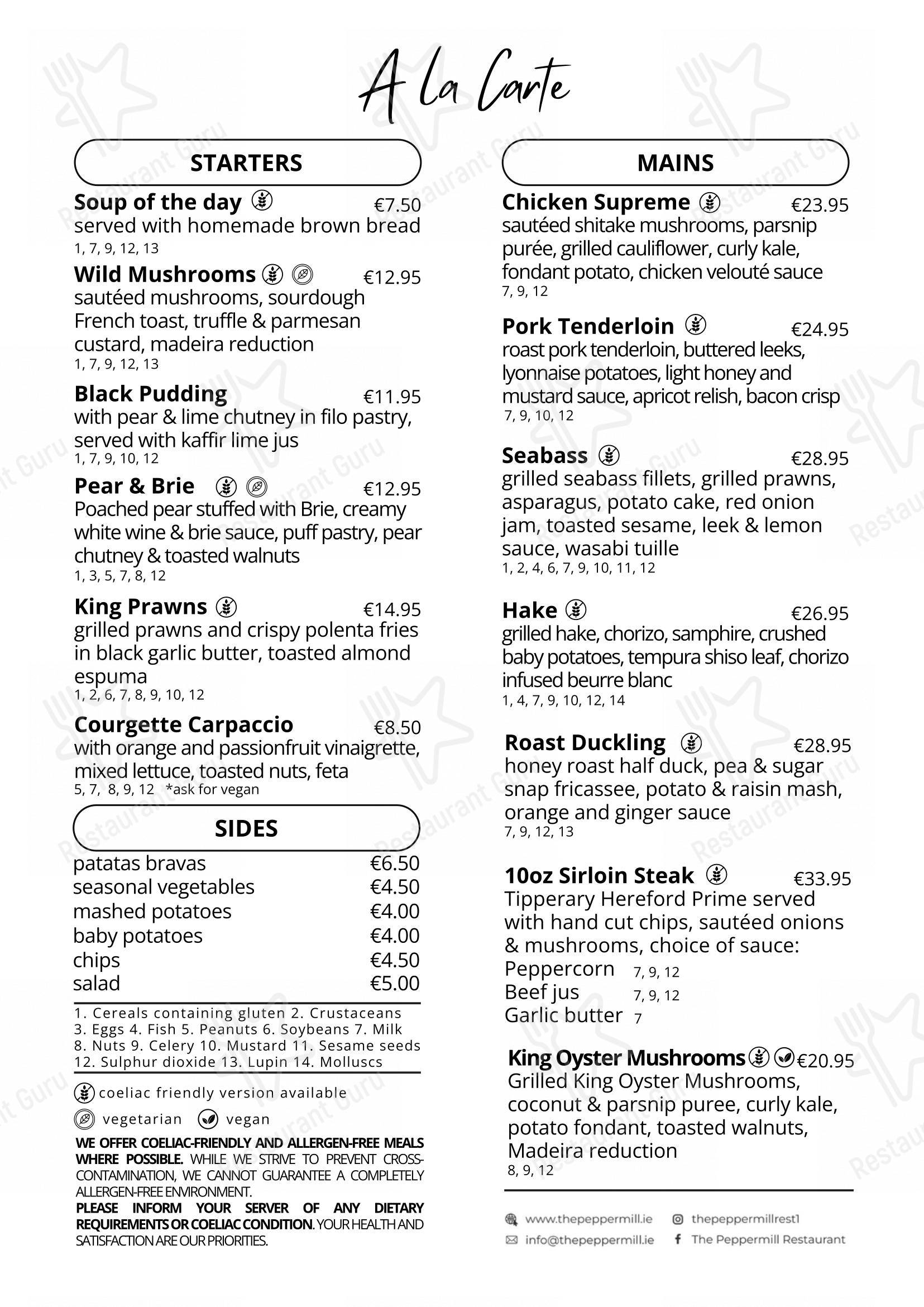 Menu at The Peppermill restaurant, Nenagh