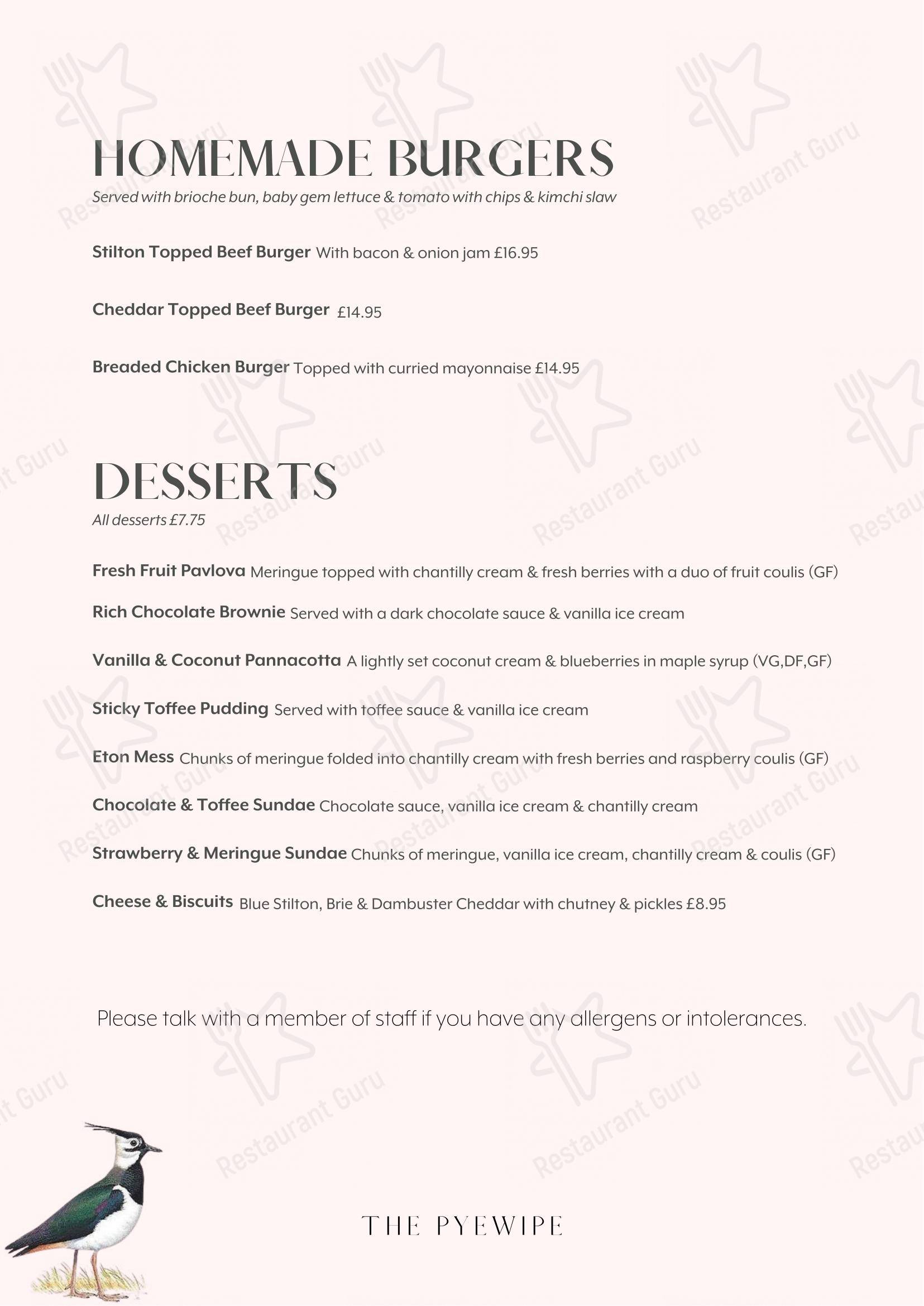 Menu at The Pyewipe Inn pub & bar, Lincoln