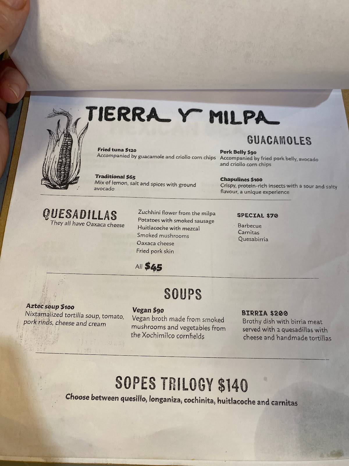 Menu at Trinidad Ritual de Sabores restaurant, Mexico