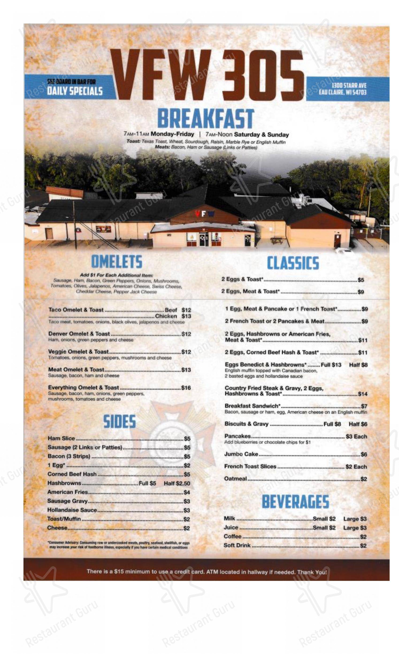 Menu at VFW Post 305 pub & bar, Eau Claire, Starr Ave