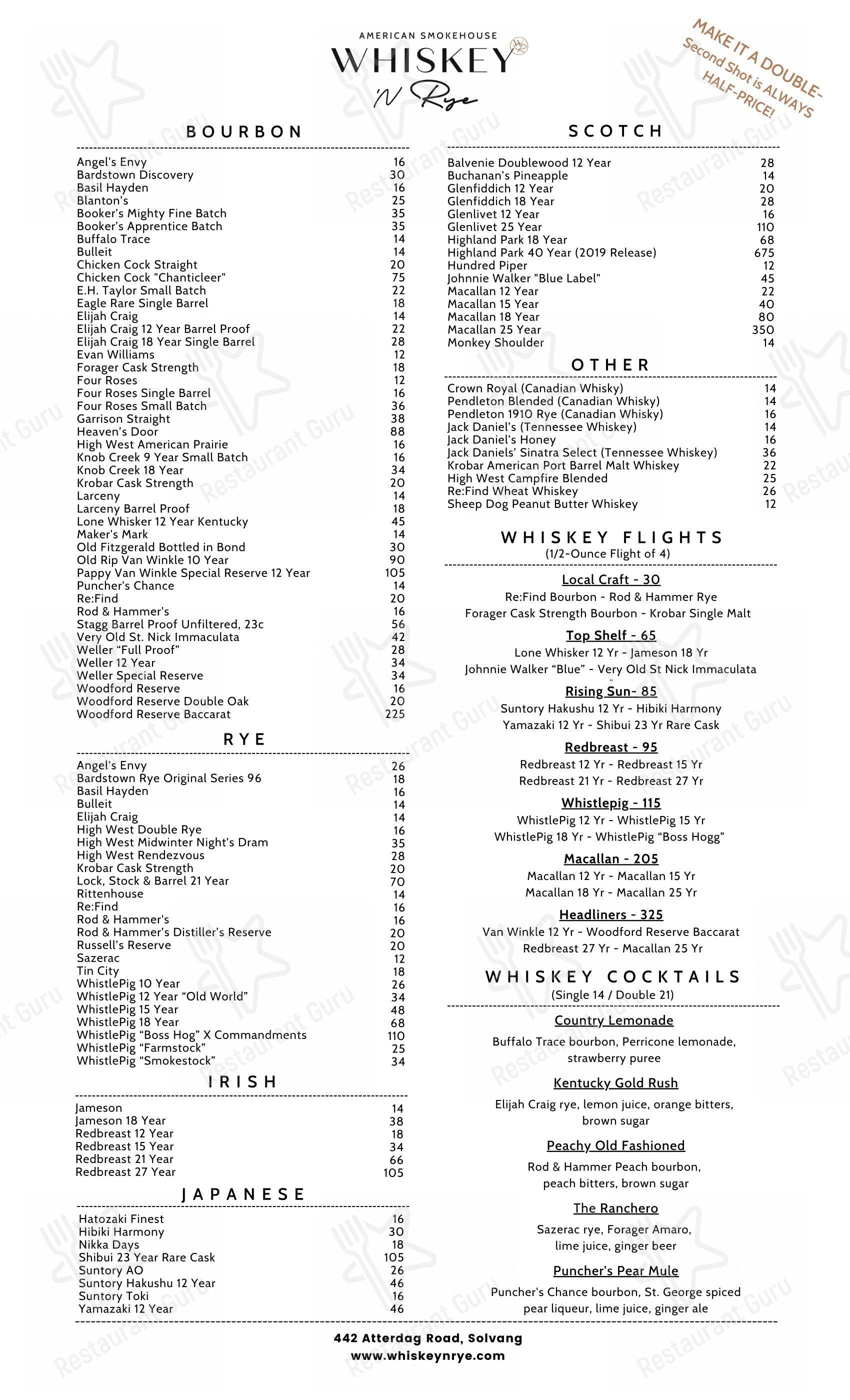 Menu at Whiskey 'N Rye Smokehouse restaurant, Solvang
