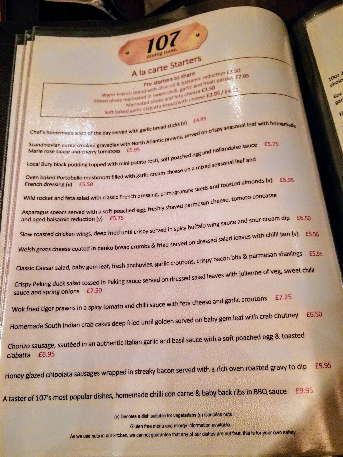 Menu at 107 Dining Room restaurant, Heswall