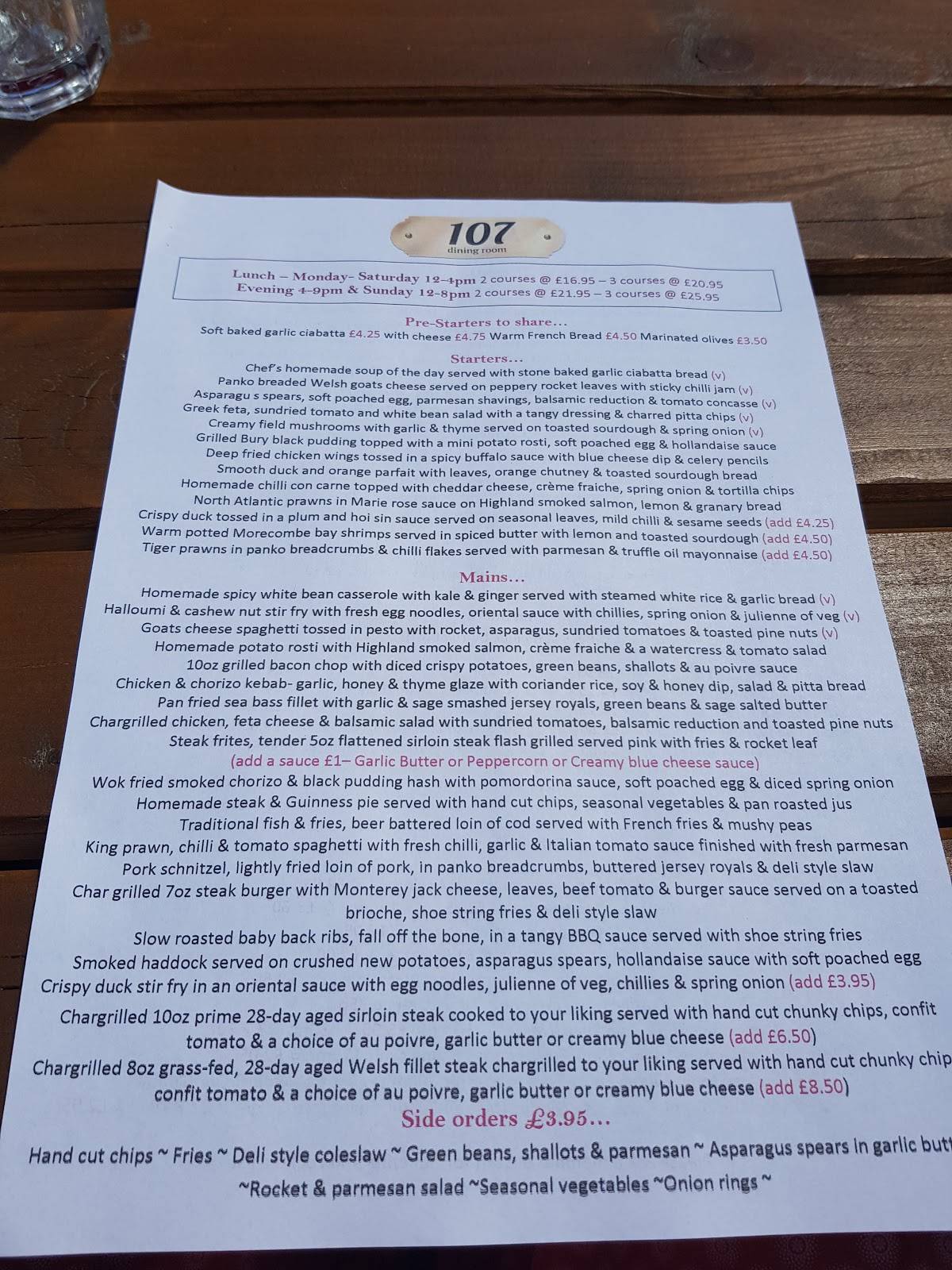 Menu at 107 Dining Room restaurant, Heswall