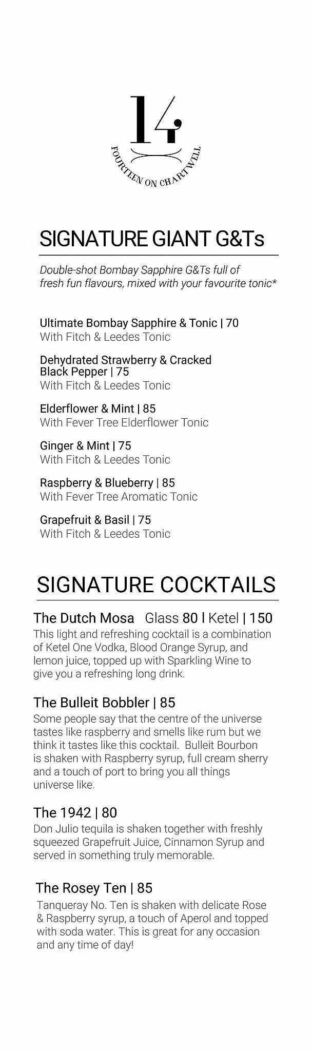 Menu at 14 on Chartwell pub & bar, Umhlanga