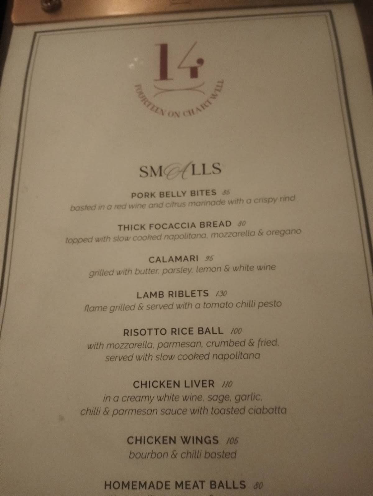 Menu at 14 on Chartwell pub & bar, Umhlanga