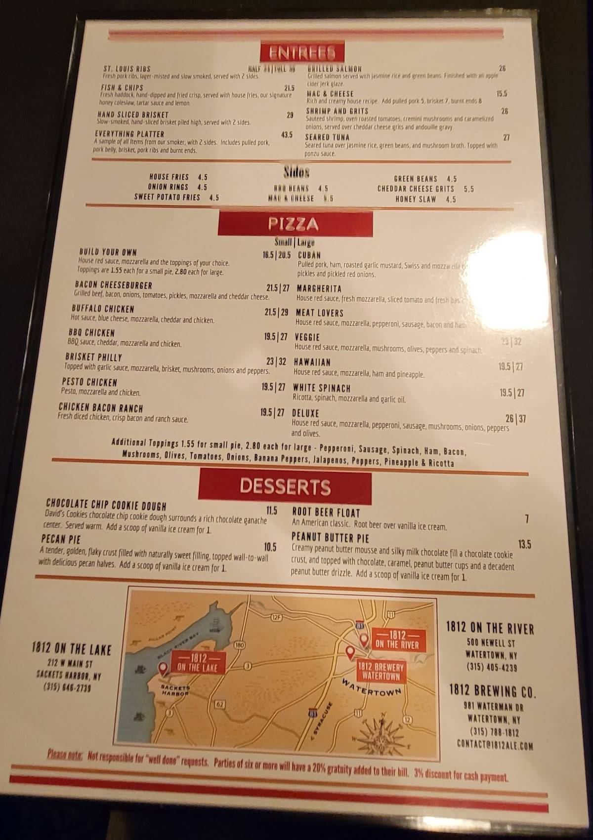 Menu at 1812 on the River by 1812 Brewing Co. pub & bar, Watertown