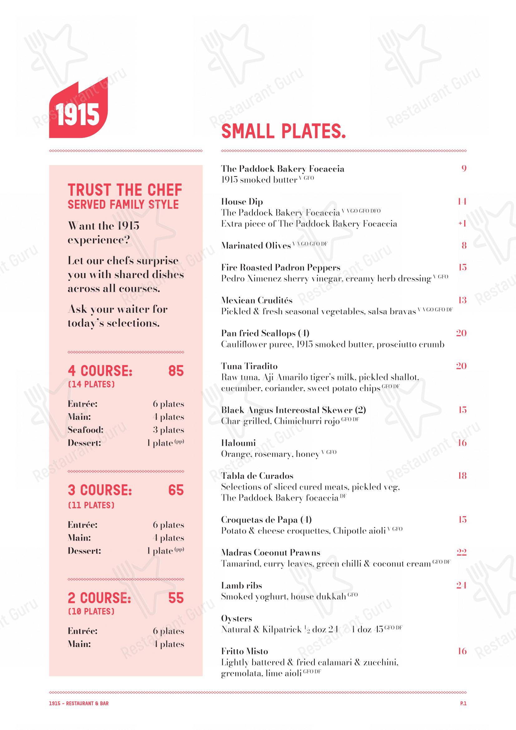 Menu at 1915 restaurant, North Geelong