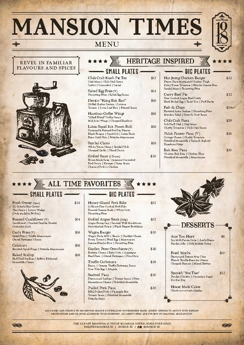 Menu at 1918 Heritage Bar at The Alkaff Mansion, Singapore