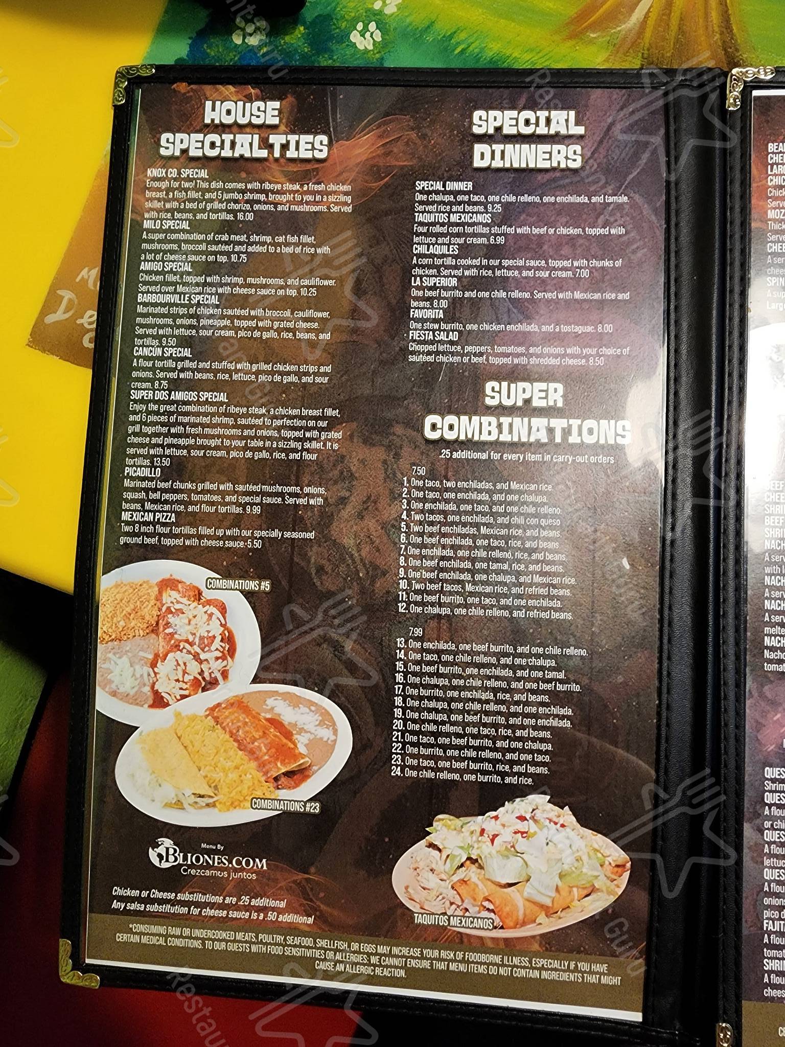 Menu at 2 Amigos restaurant, Barbourville
