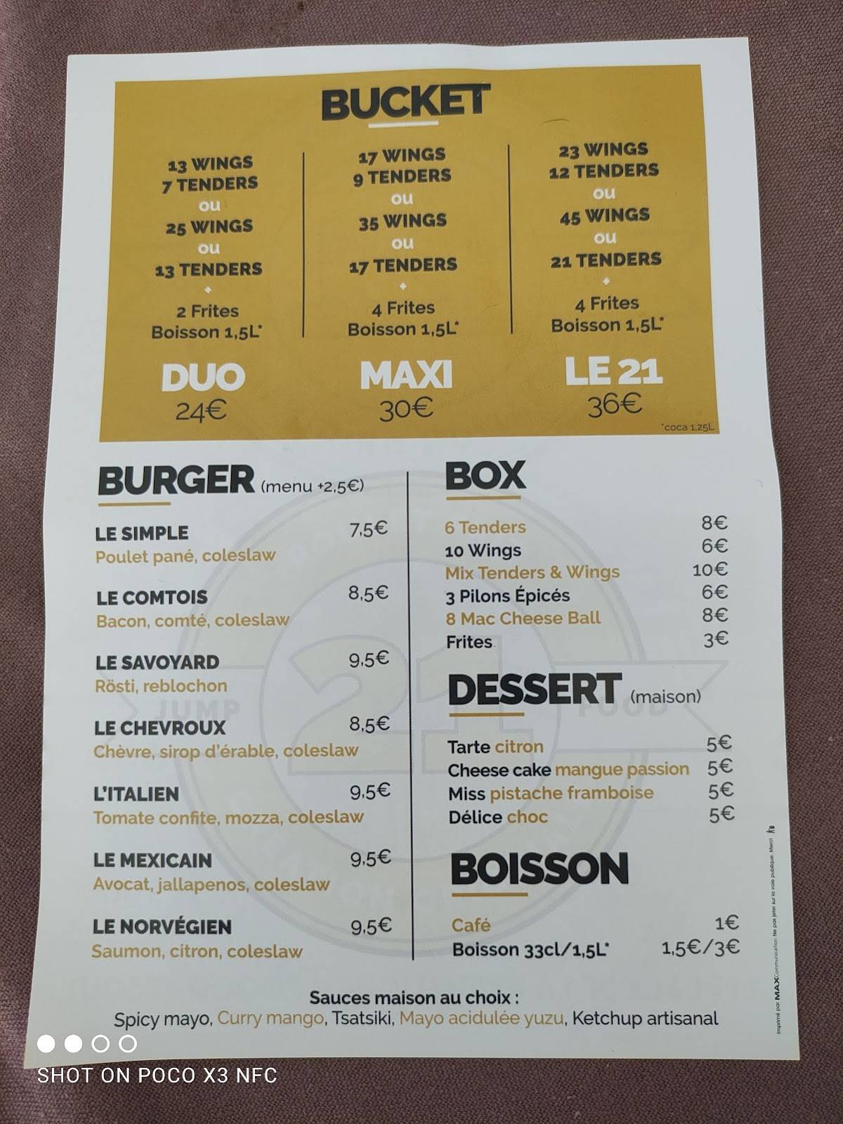 Menu au 21 Jump Food restaurant, Vesoul