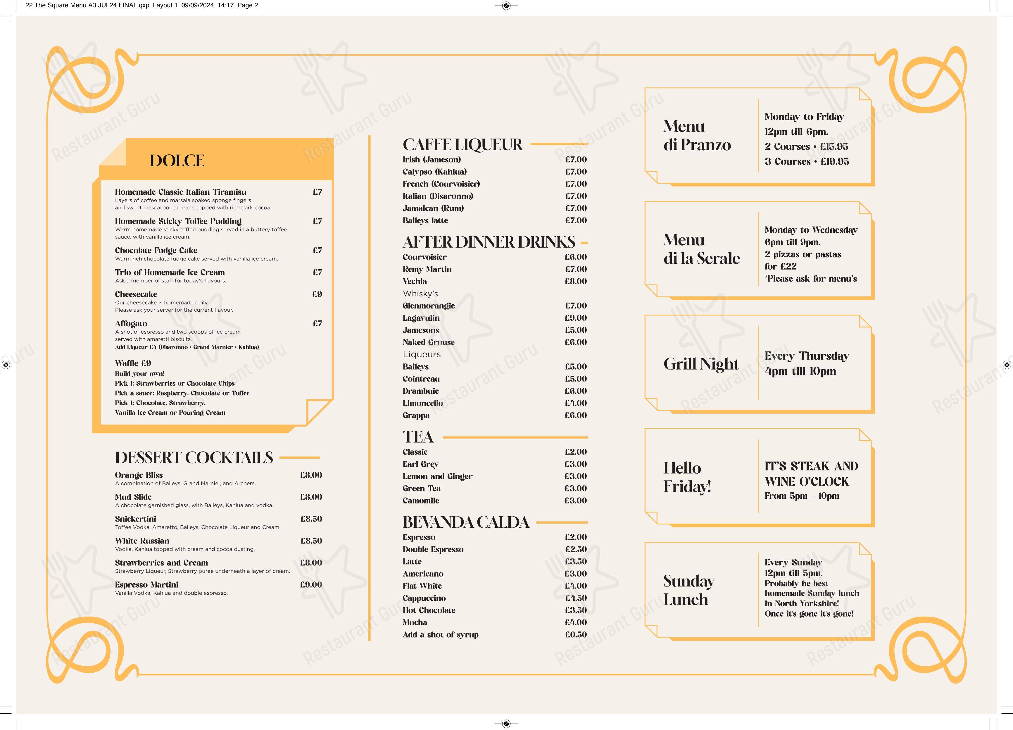 Menu at 22 The Square restaurant, Cross Hills