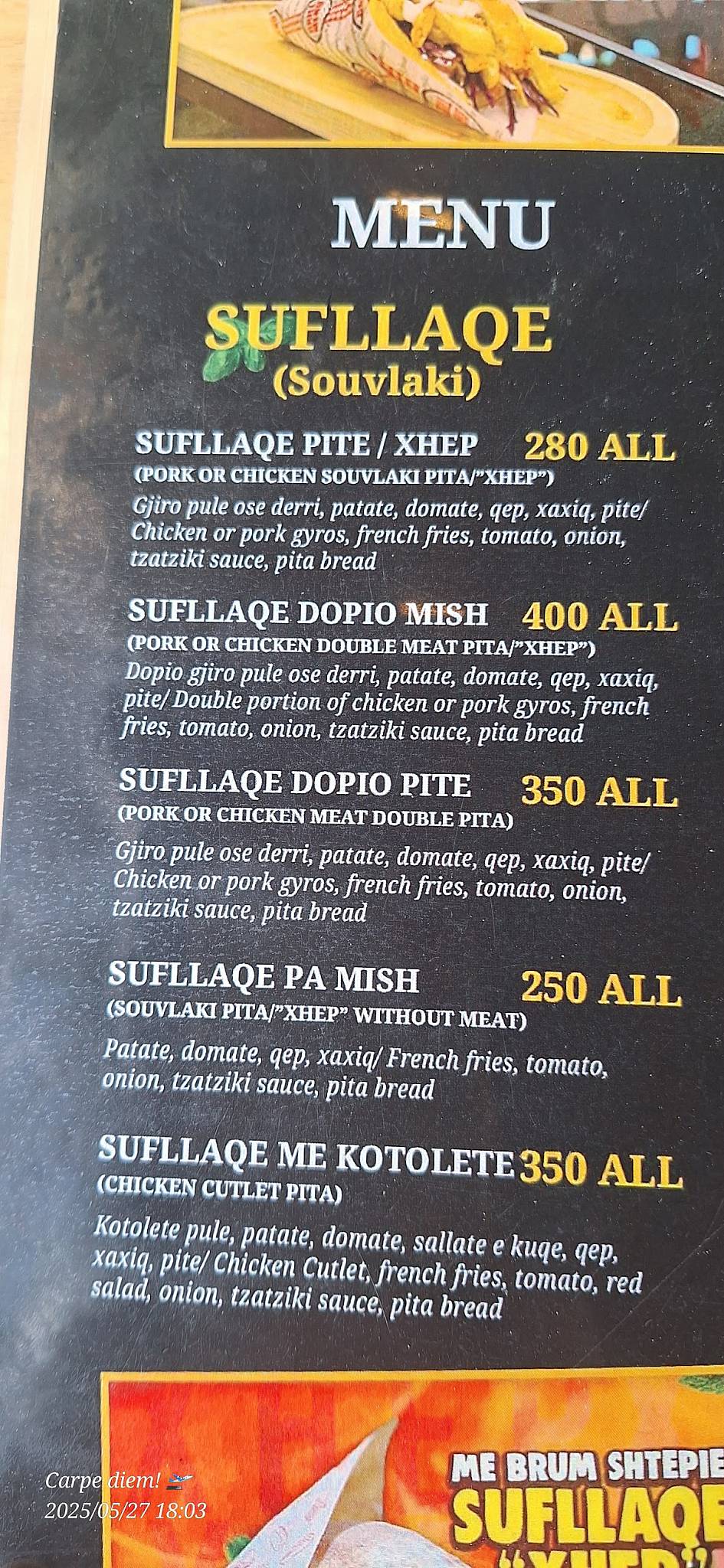 Menu at 3 Fiori restaurant, Vlorë