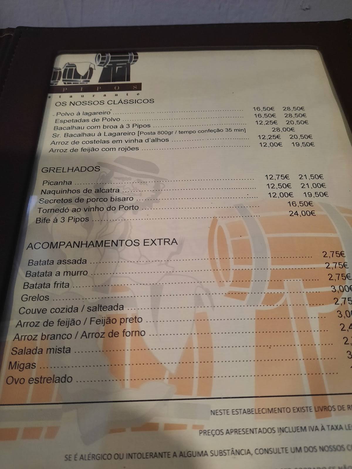 Menu em 3 Pipos restaurante, Tondela