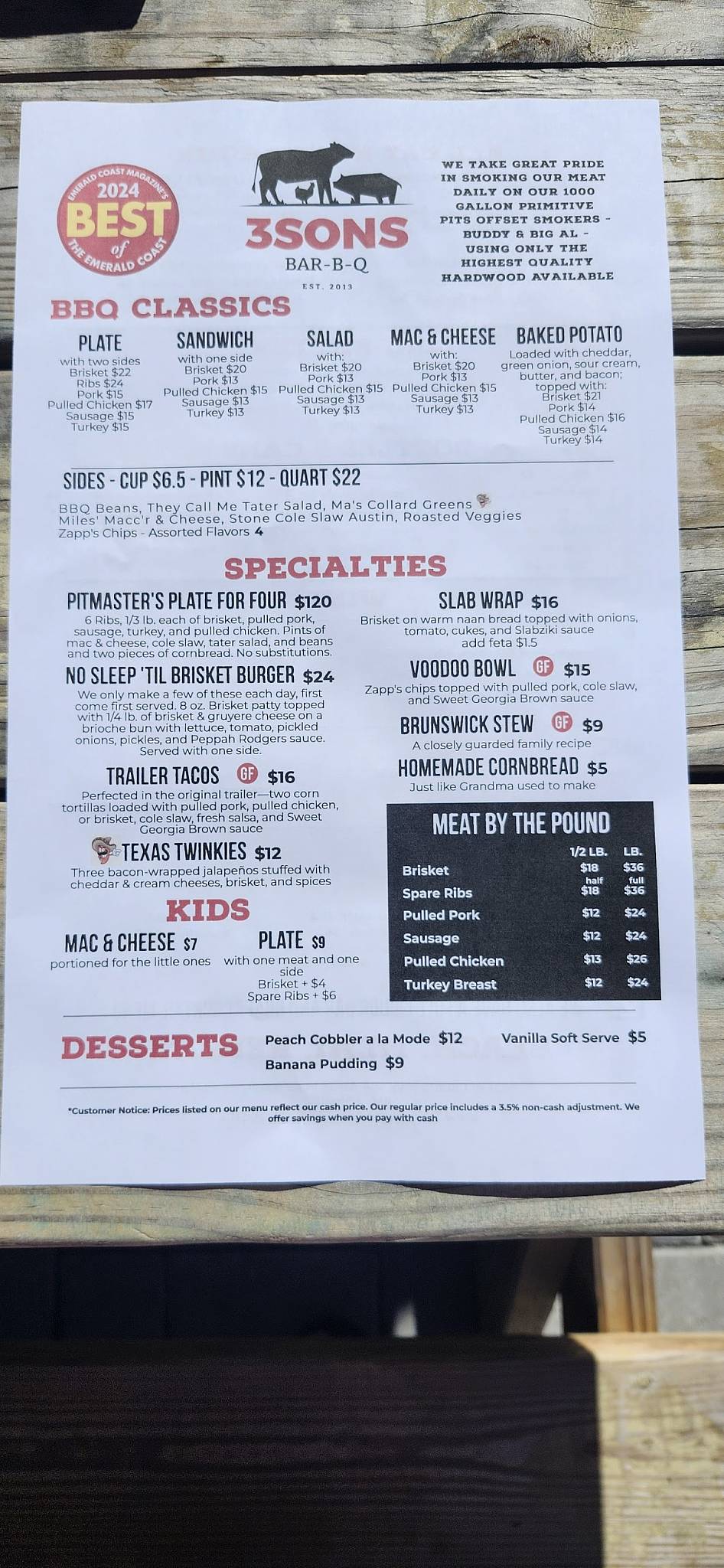 Carta de 3 Sons Bar-B-Q, Santa Rosa Beach, W County Hwy 30A