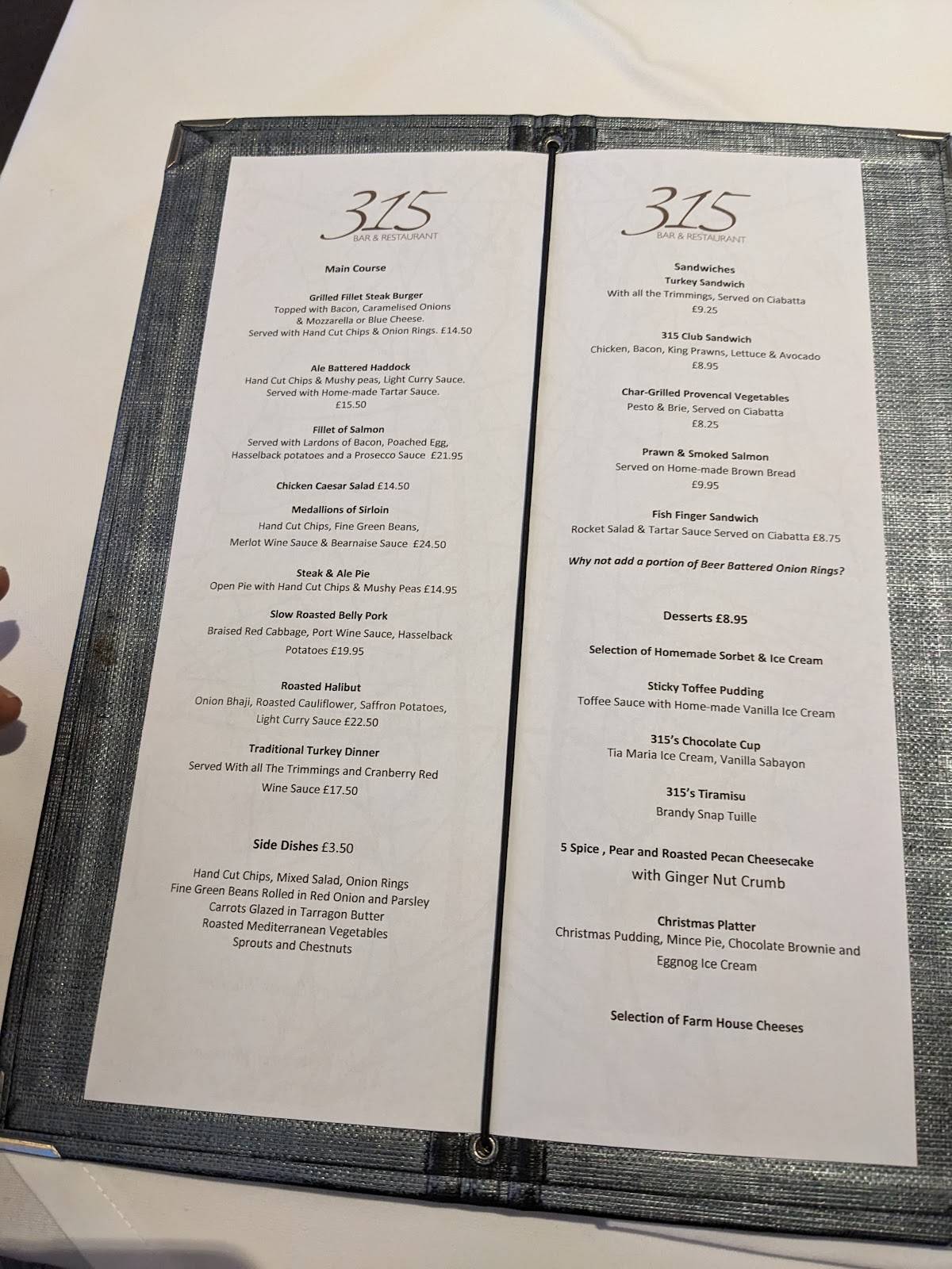 Menu at 315 Bar Restaurant Hotel and Luxury Spa, Huddersfield, 315 ...