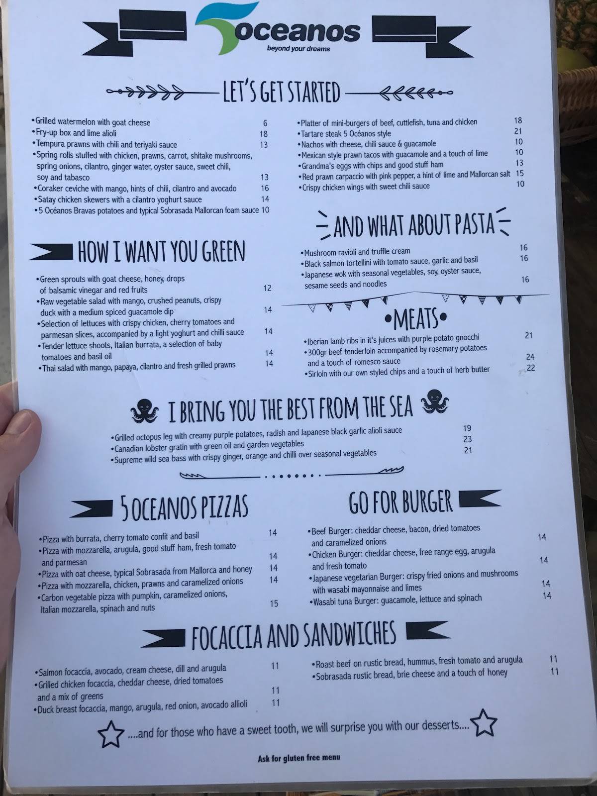 Carta del pub y bar 5 Océanos, Mal Pas-Bon Aire, Avenida Mal Pas 21