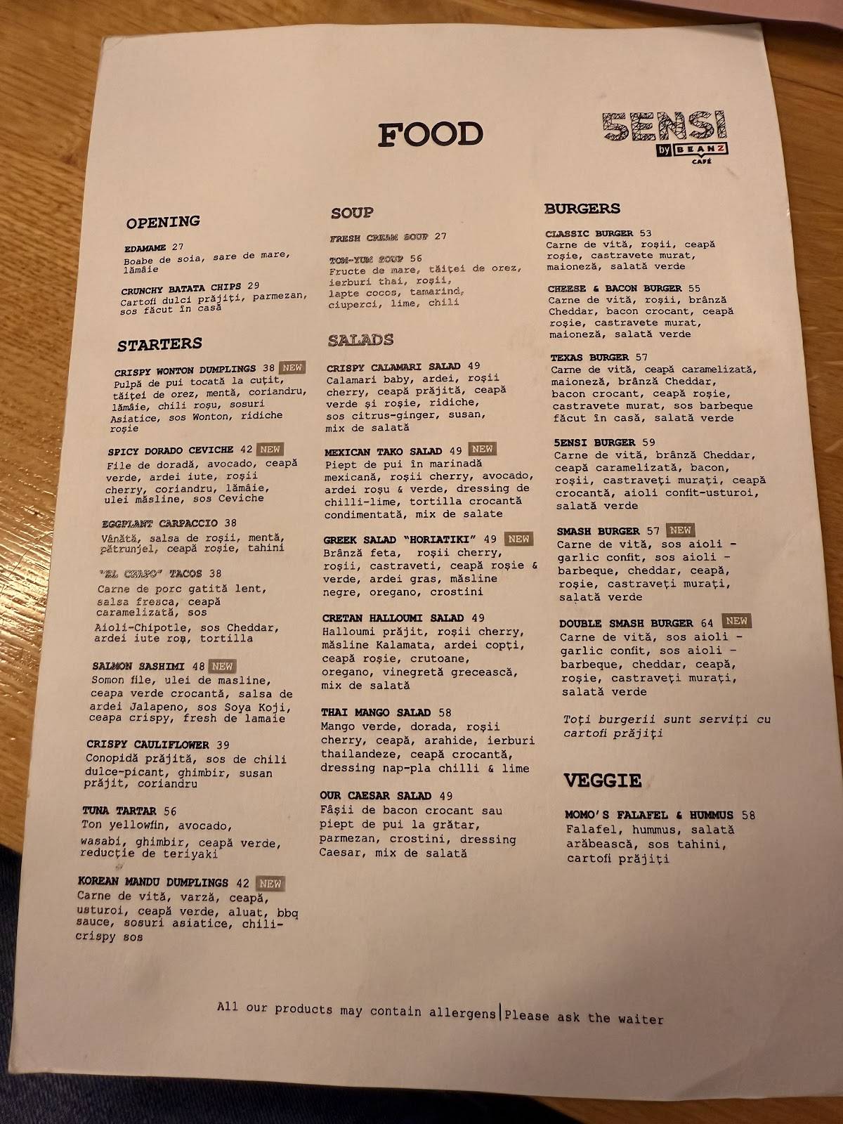 Menu at 5ENSI by BeanZ Cafe, Bucharest