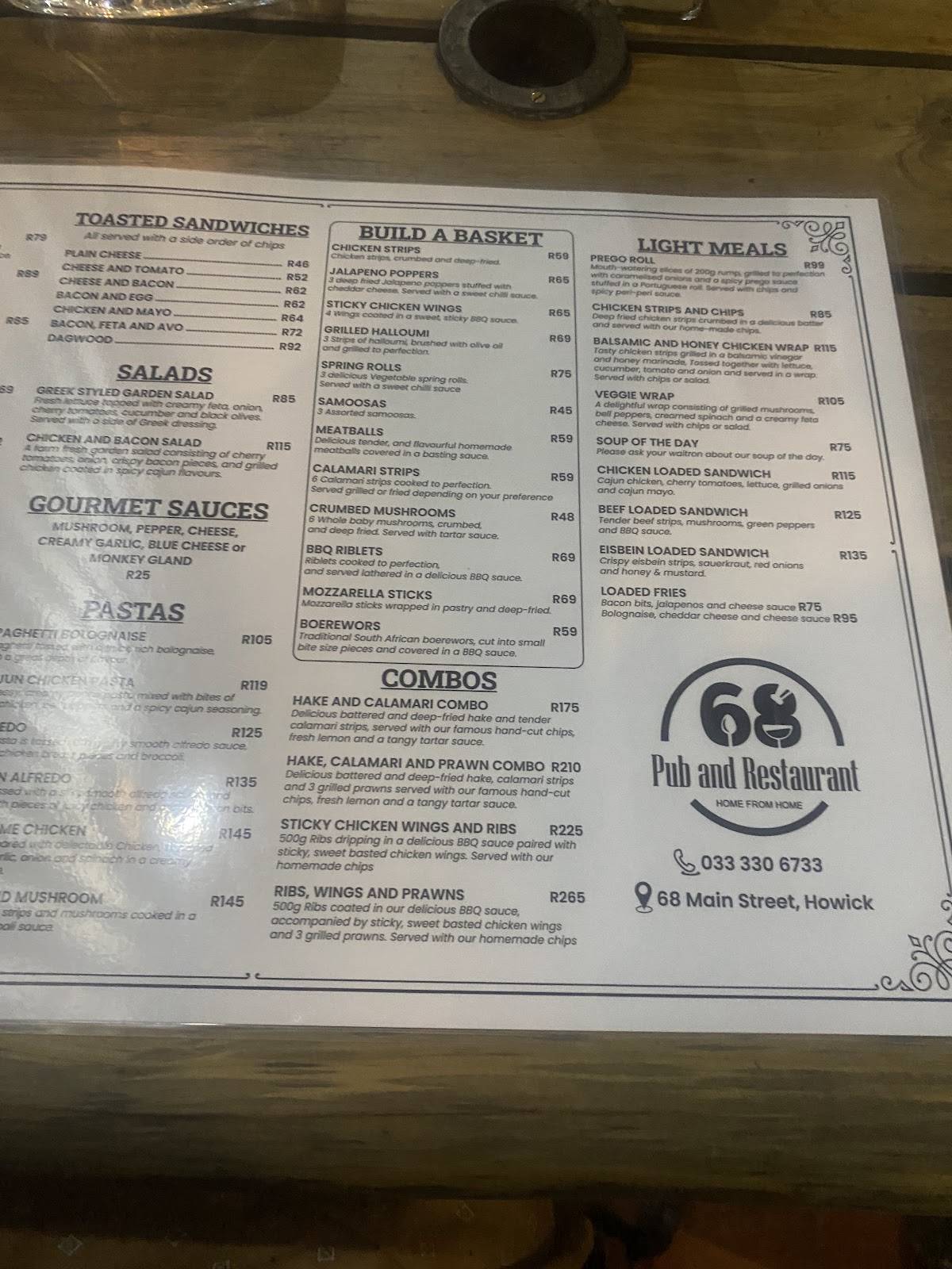 Menu at 68 Main restaurant, Howick
