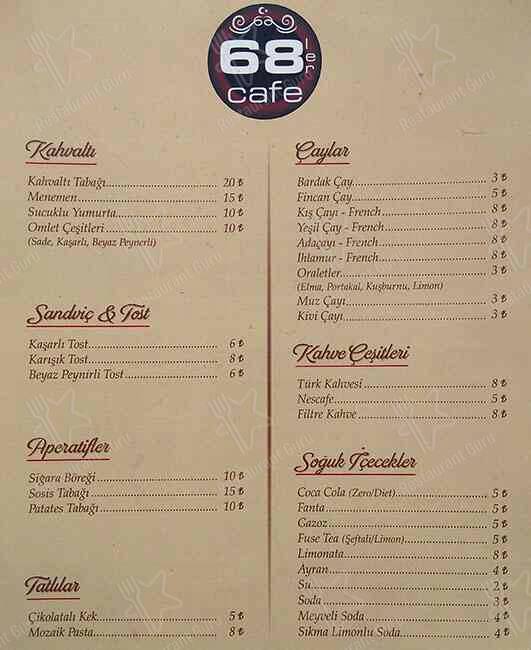Menu at 68'ler Cafe, Istanbul