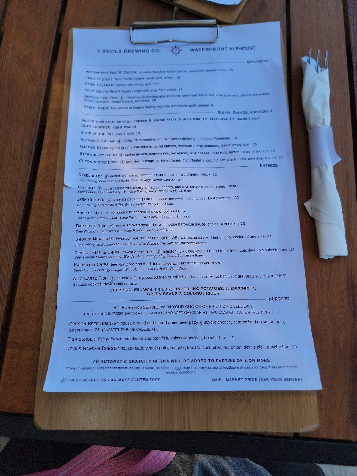 Menu at 7 Devils Waterfront Alehouse restaurant, Coos Bay