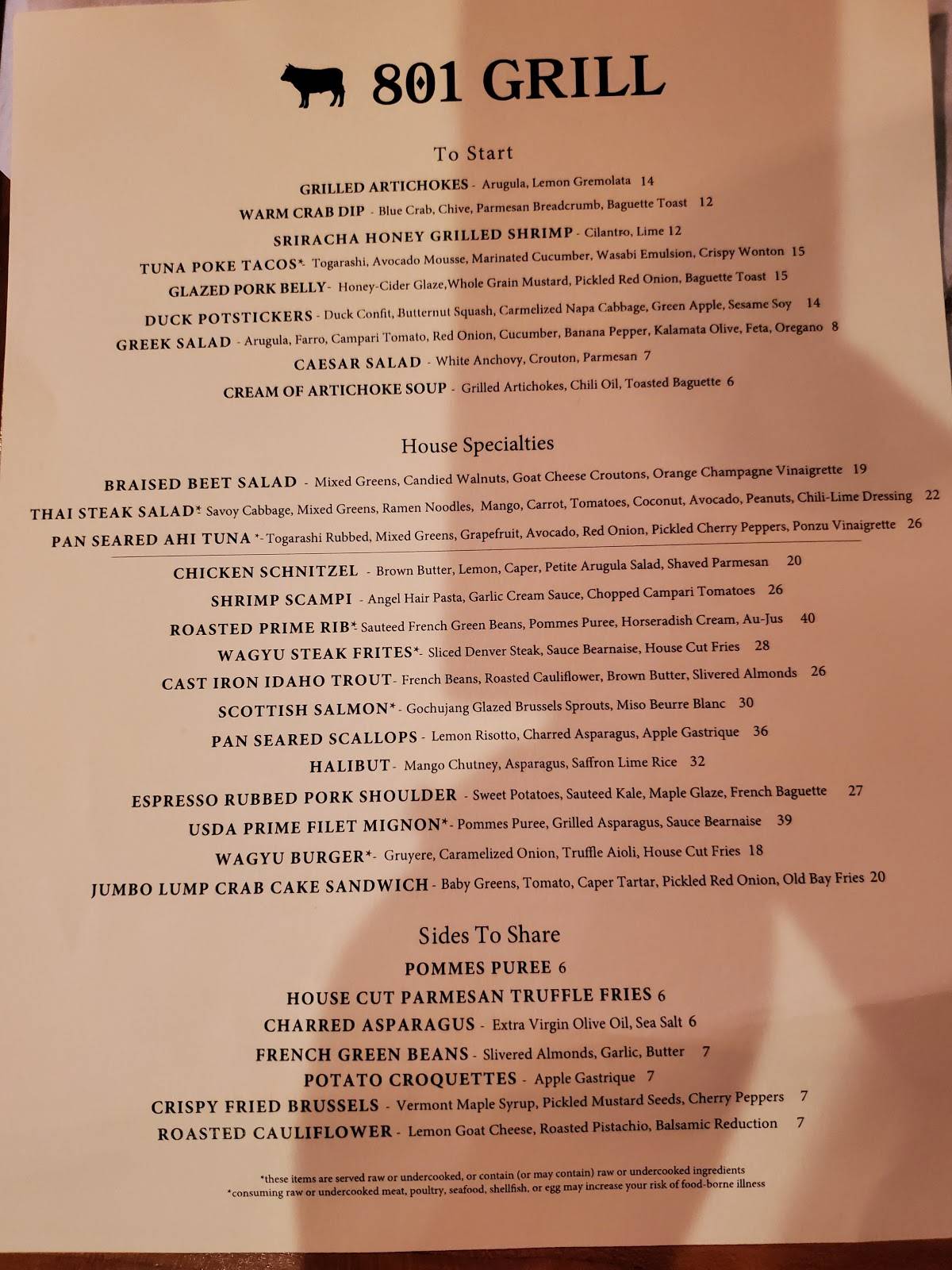 Menu at 801 Grill restaurant, Omaha