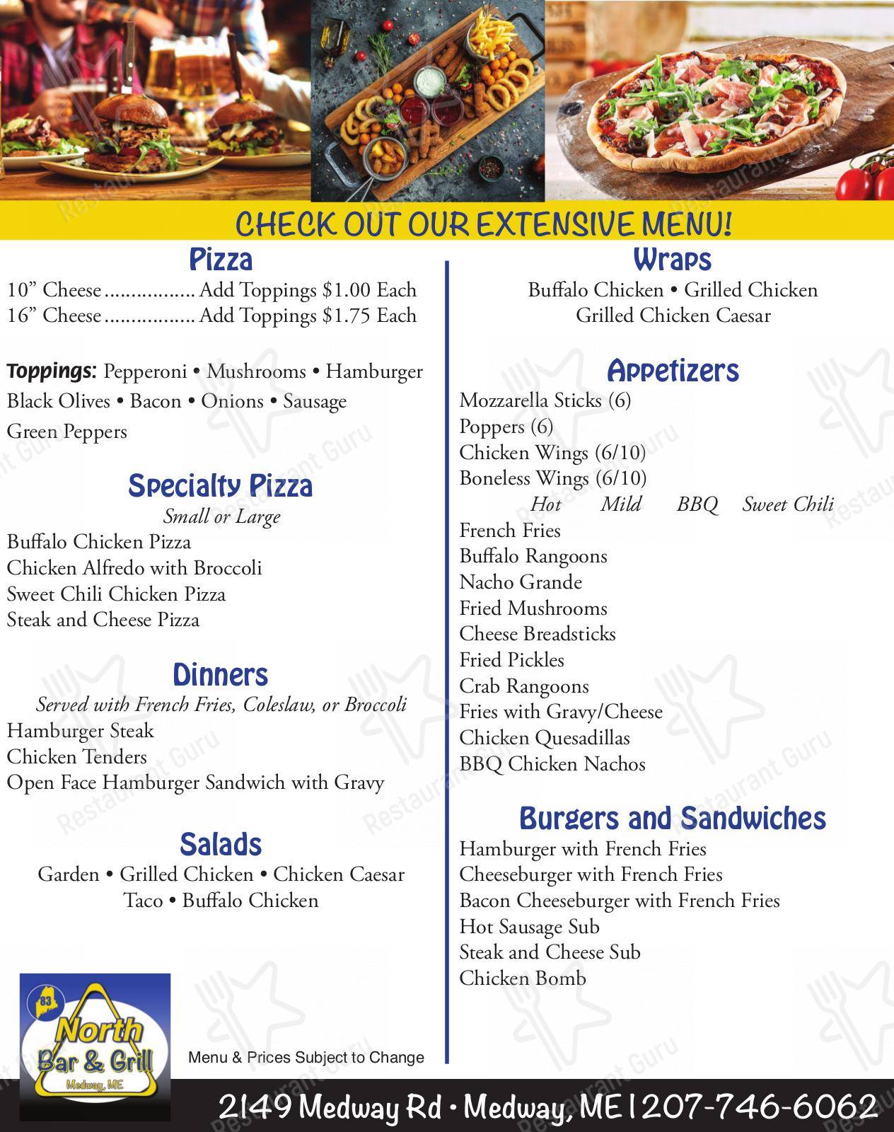 Menu at 83 North Bar Grill & Billiards, Medway