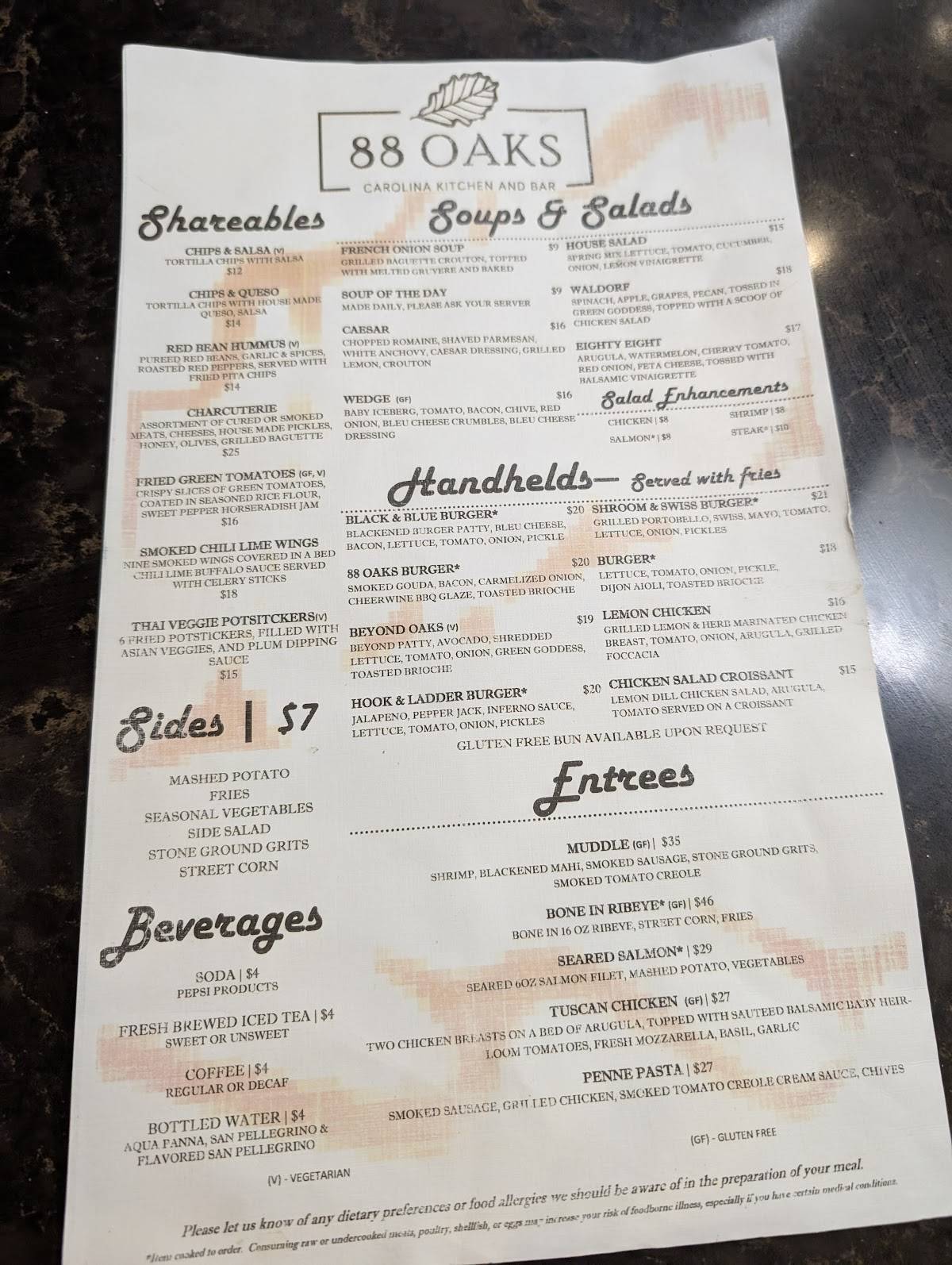 Menu at 88 Oaks Carolina Kitchen and Bar, Raleigh