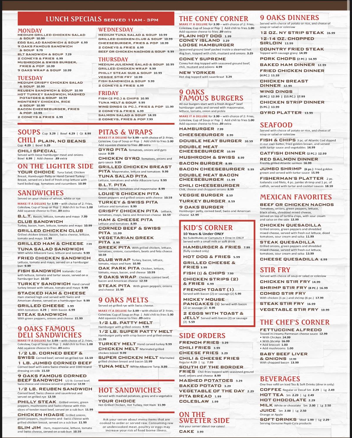 Menu at 9 Oaks Grill restaurant, Oak Park