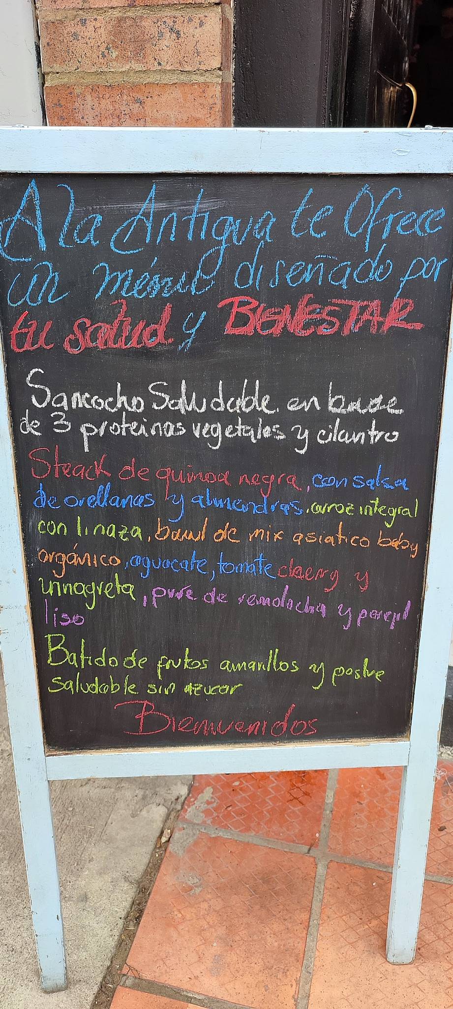 Menu at A la Antigua restaurant, Bogotá
