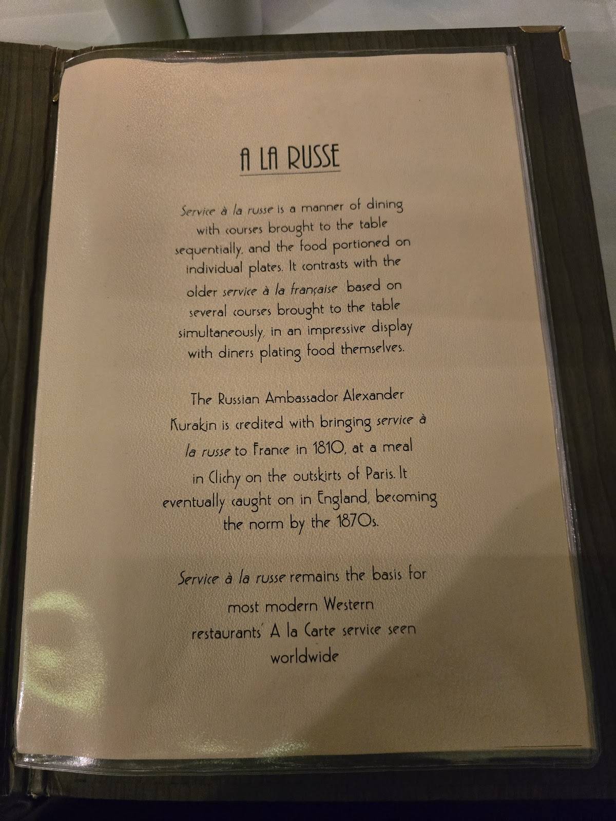 Menu at À la Russe restaurant, Windsor