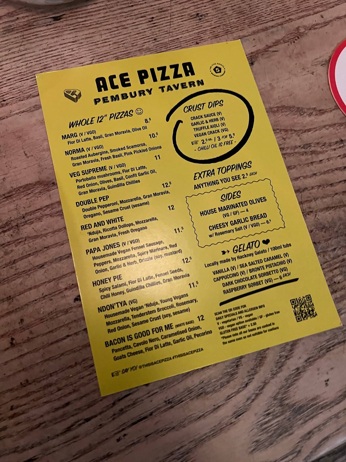 Menu at ACE Pizza at The Pembury Tavern restaurant, London