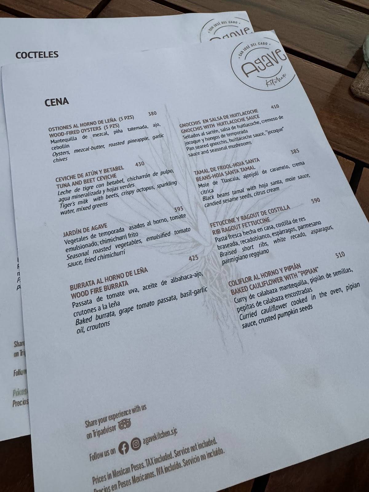 Menu at AGAVE Kitchen restaurant, San José del Cabo