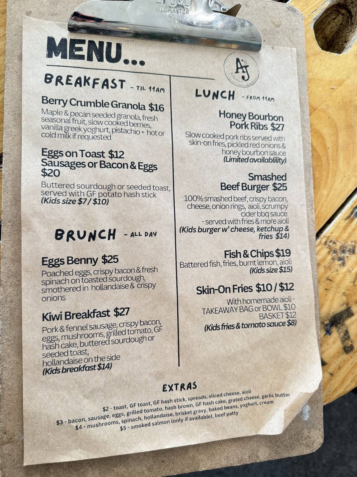 Menu at AJ's Kitchen cafe, Twizel