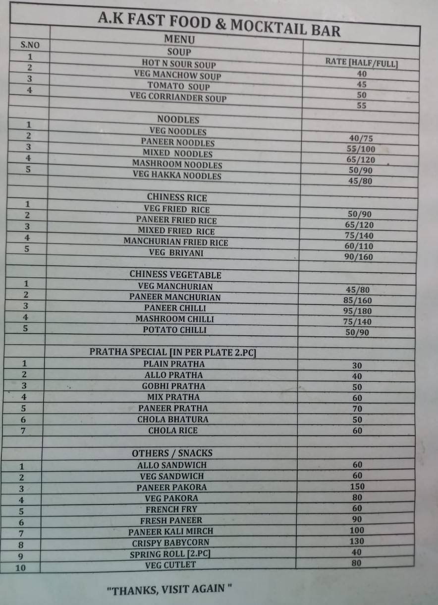 Menu at AK Fast Food & Mocktail Bar, Varanasi