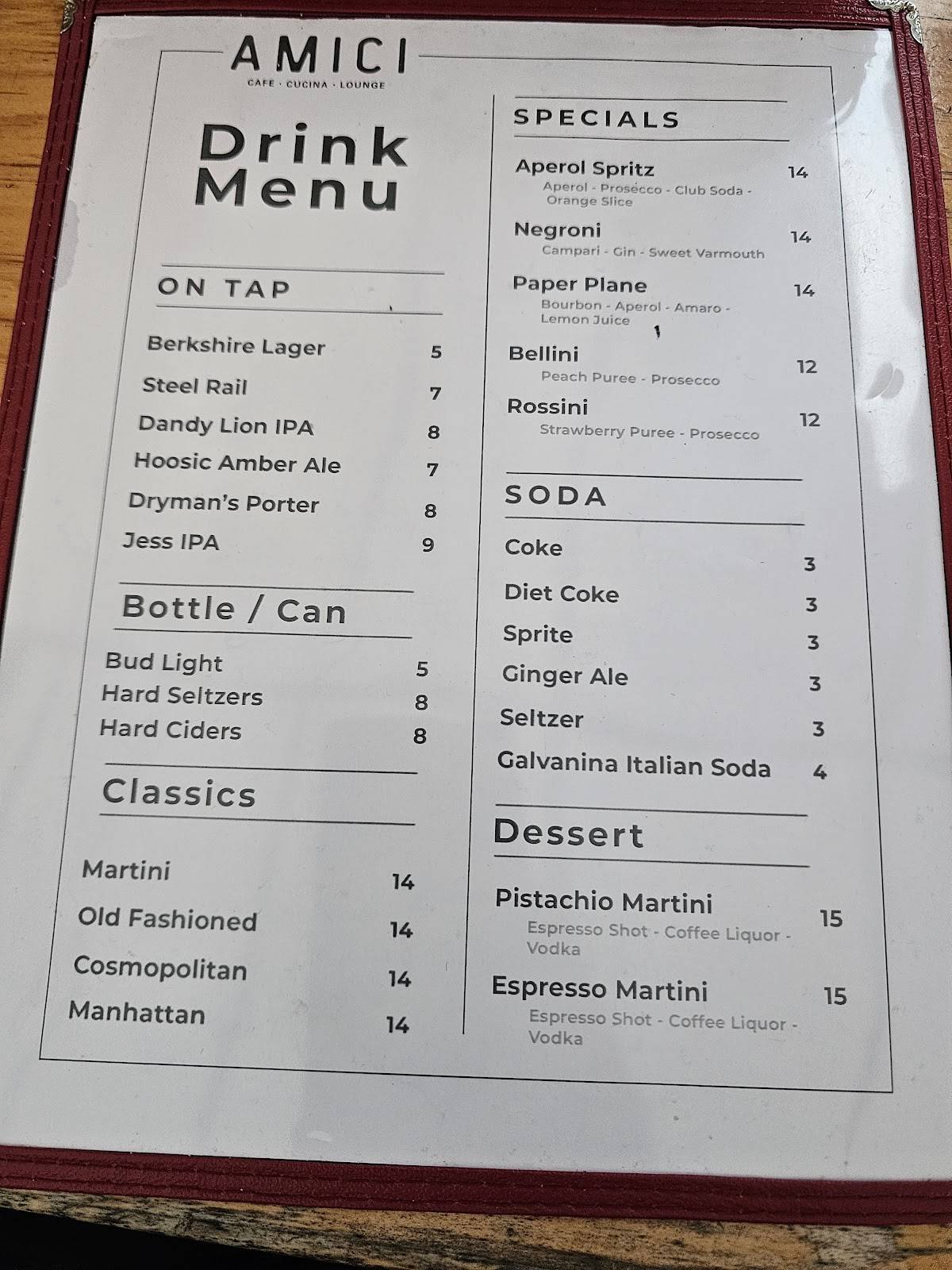 Menu at AMICI cafe, West Stockbridge