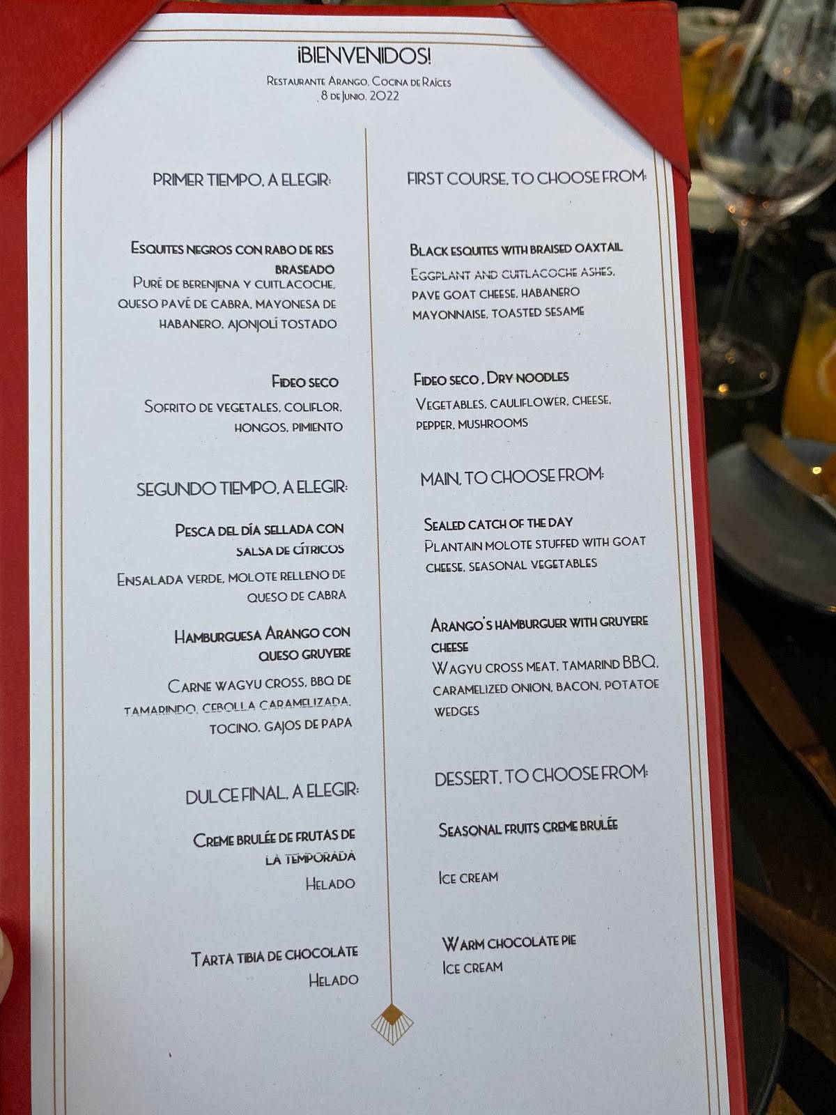 Carta del restaurante ARANGO Cocina del Raíces, Ciudad del México