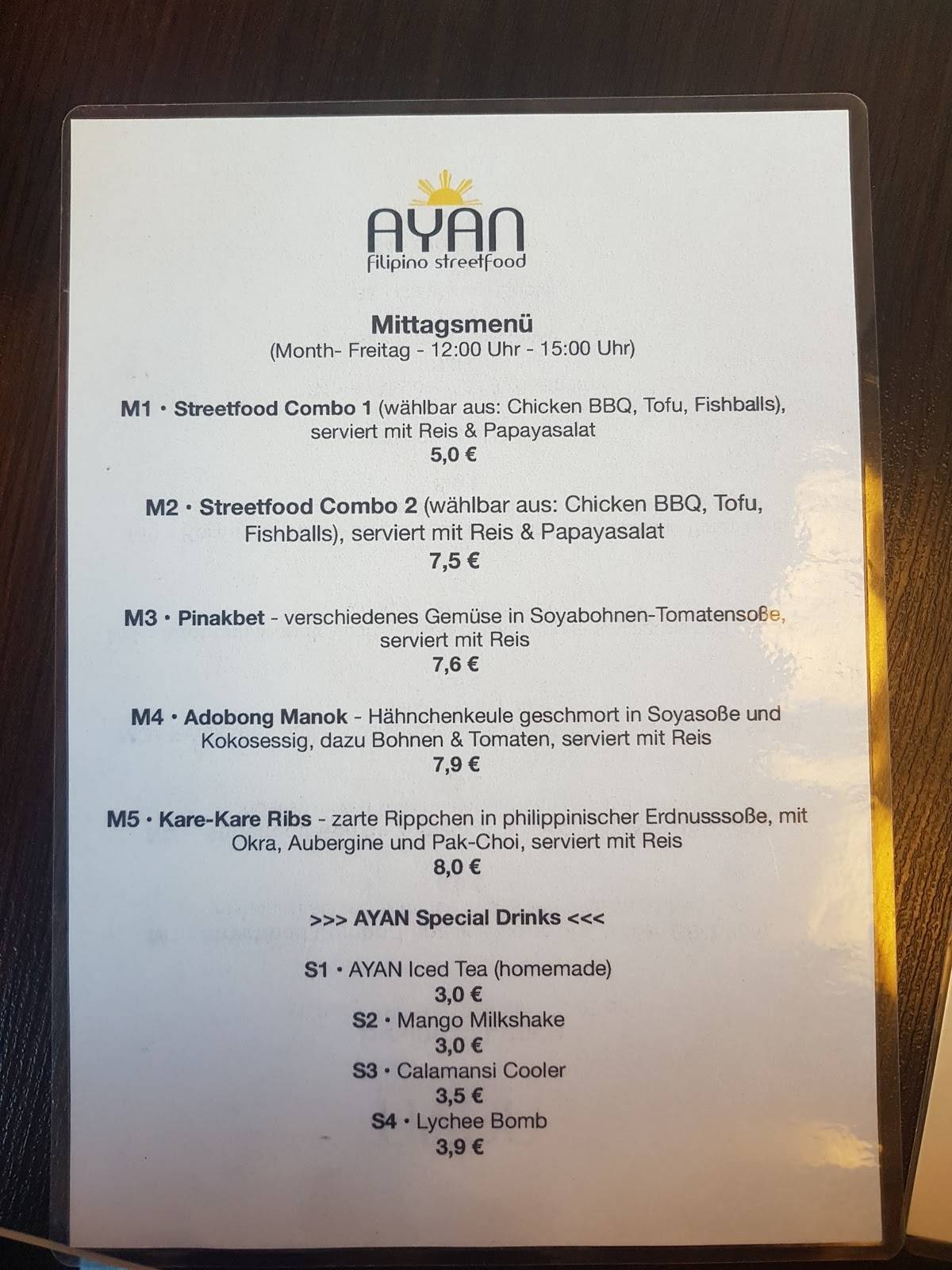 Carta del restaurante AYAN filipino streetfood, Berlin