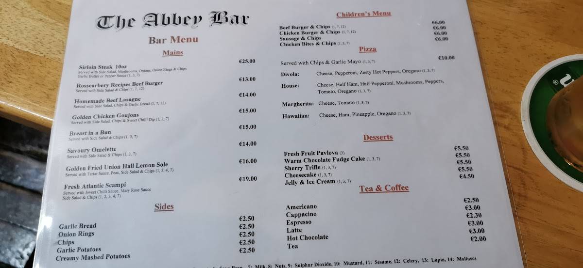 Menu at Abbey Bar, Rosscarbery