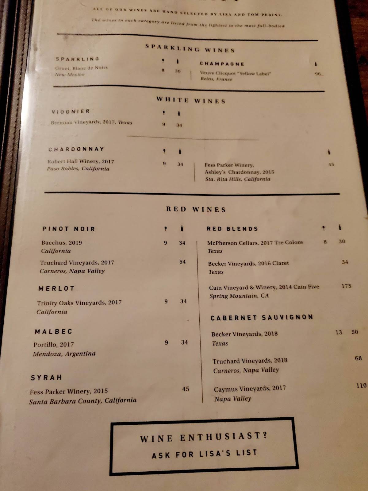 Menu at Perini Ranch Steakhouse, Buffalo Gap