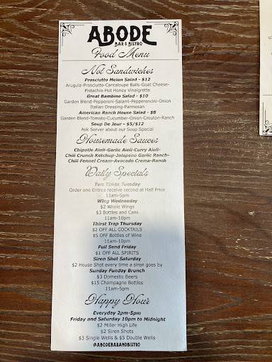 Menu at Abode Bar & Bistro, Andover