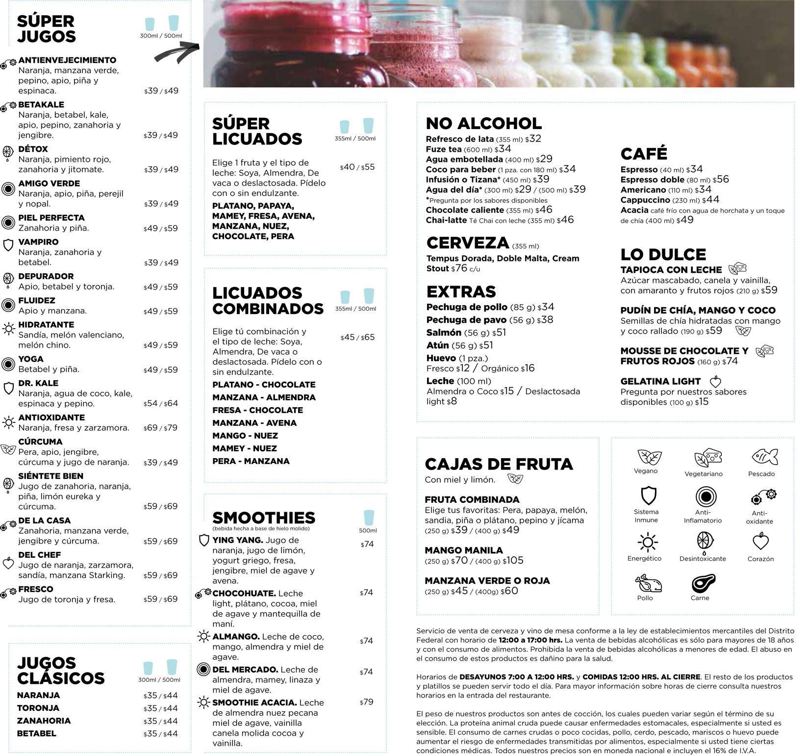 Carta del restaurante Acacia, Ciudad del México