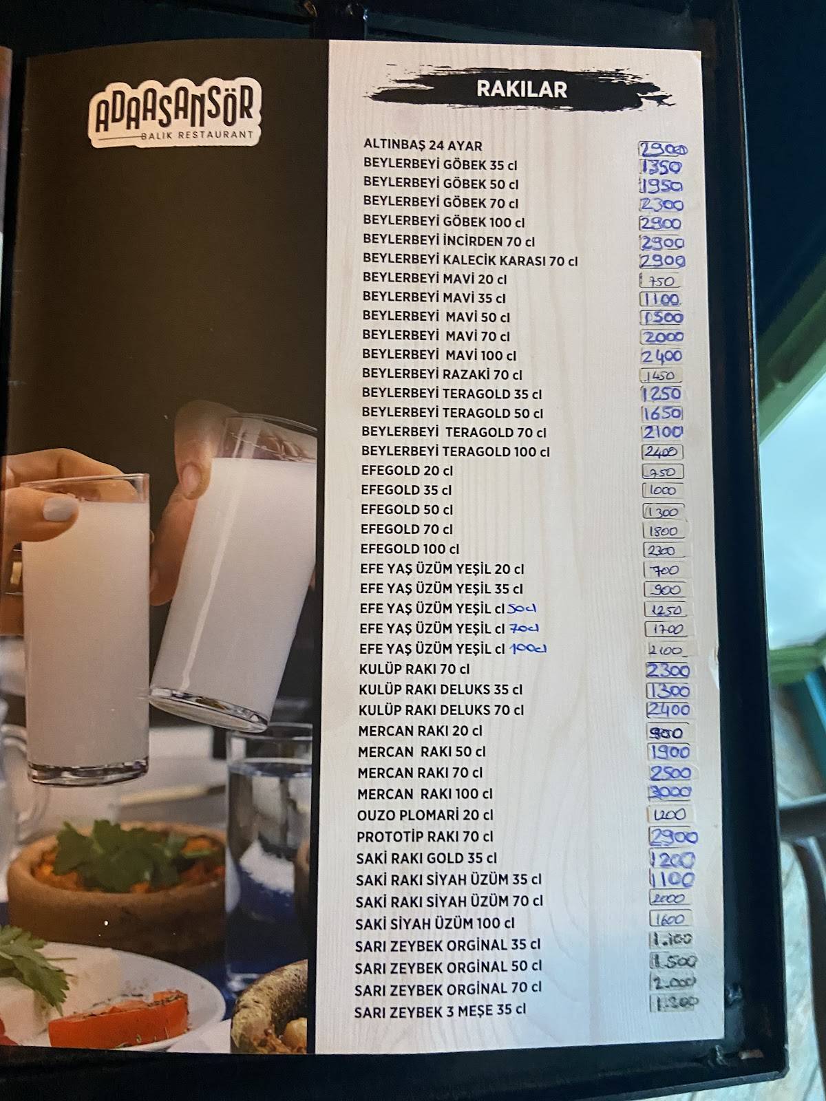Menu at Ada Asansör Balık Restaurant, Kusadasi