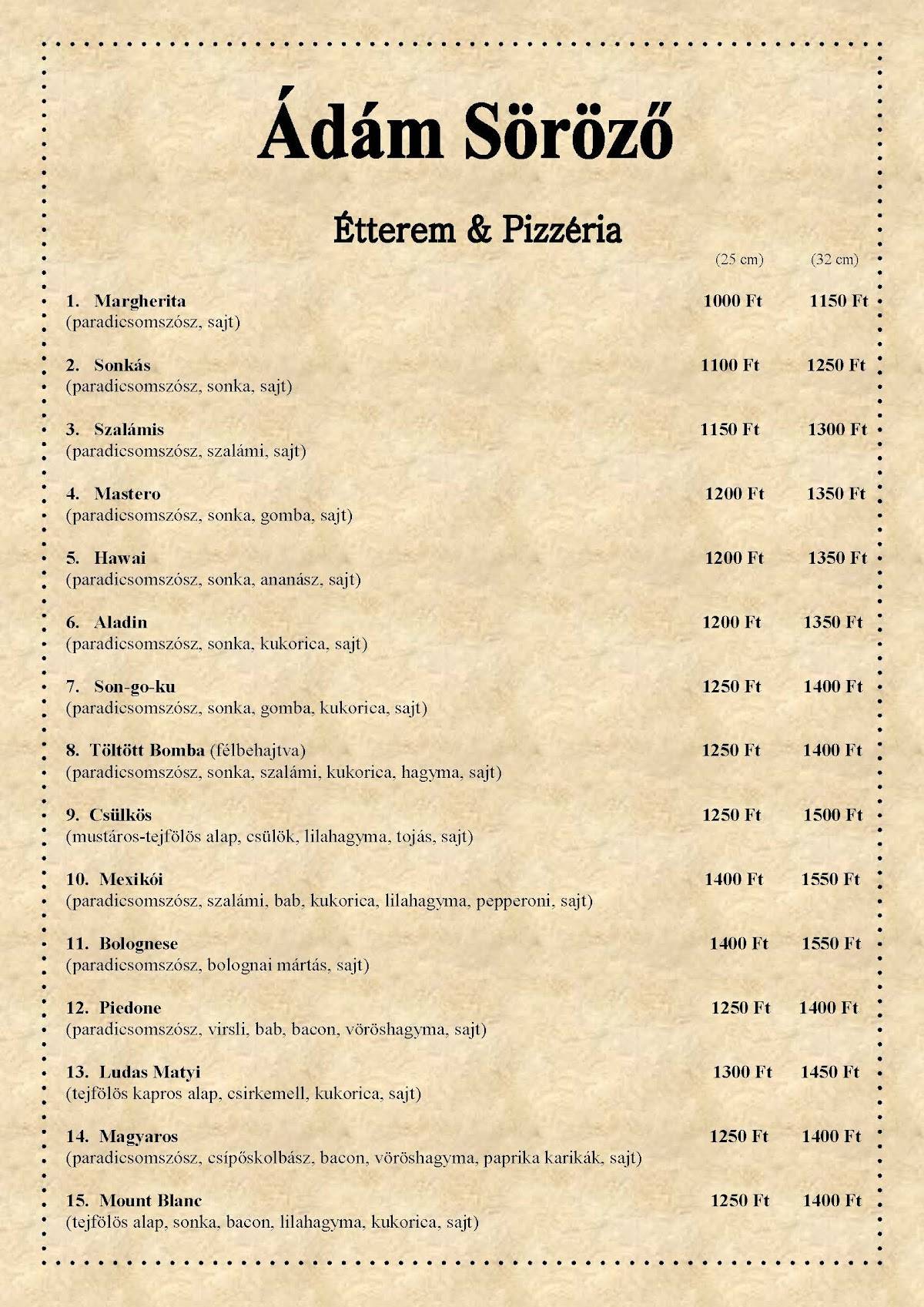 Menu at Ádám Söröző Étterem Pizzéria restaurant, Nagymányok