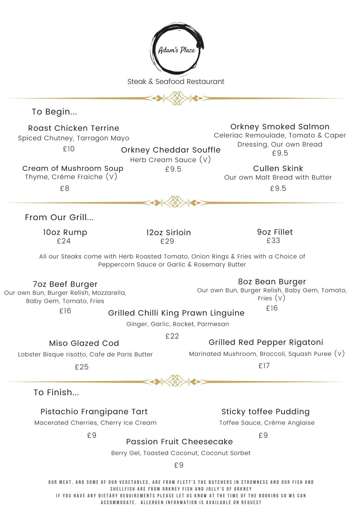 Menu at Adam's Place restaurant, Stromness