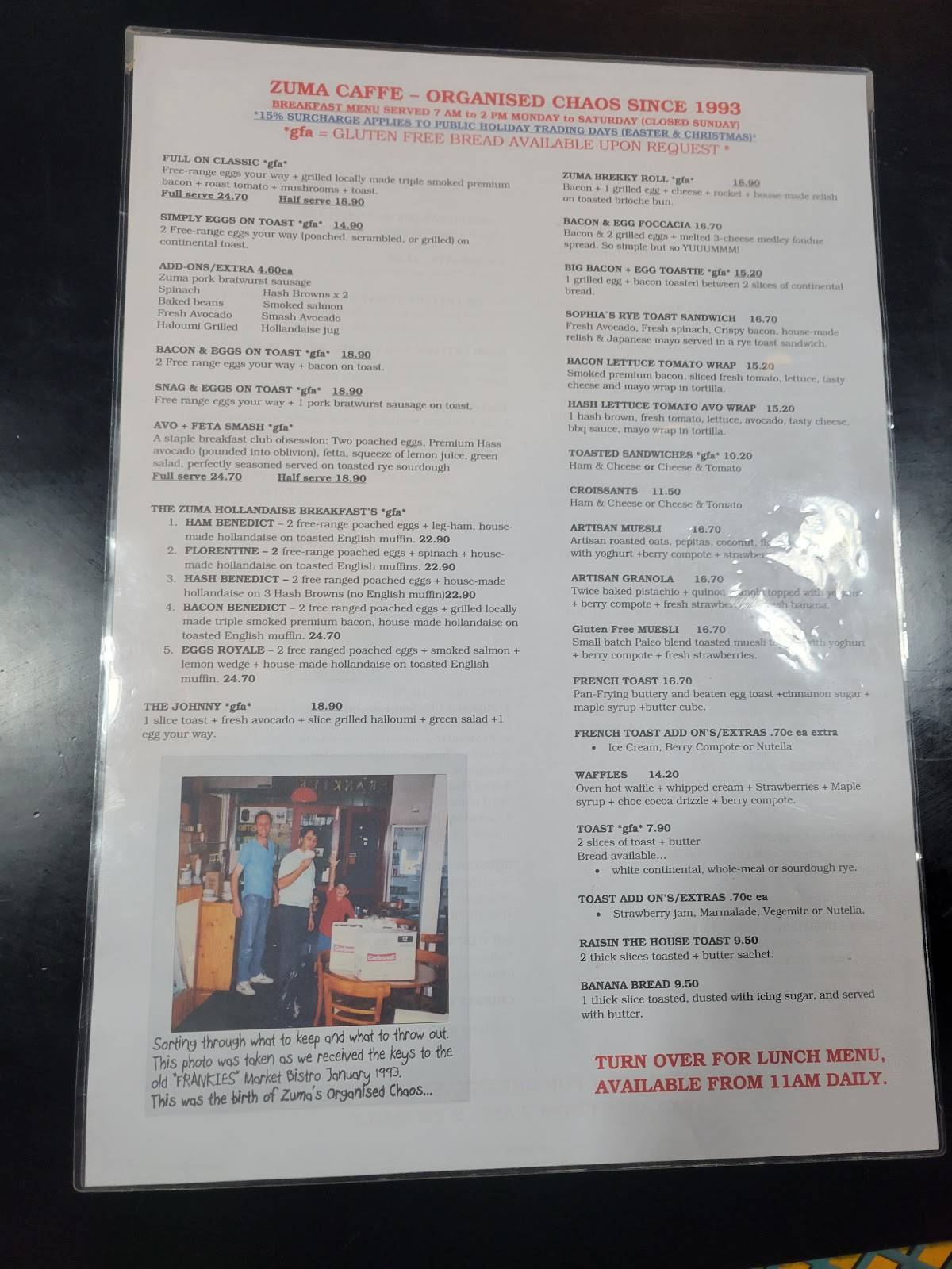 Menu at Zuma Caffe restaurant, Adelaide