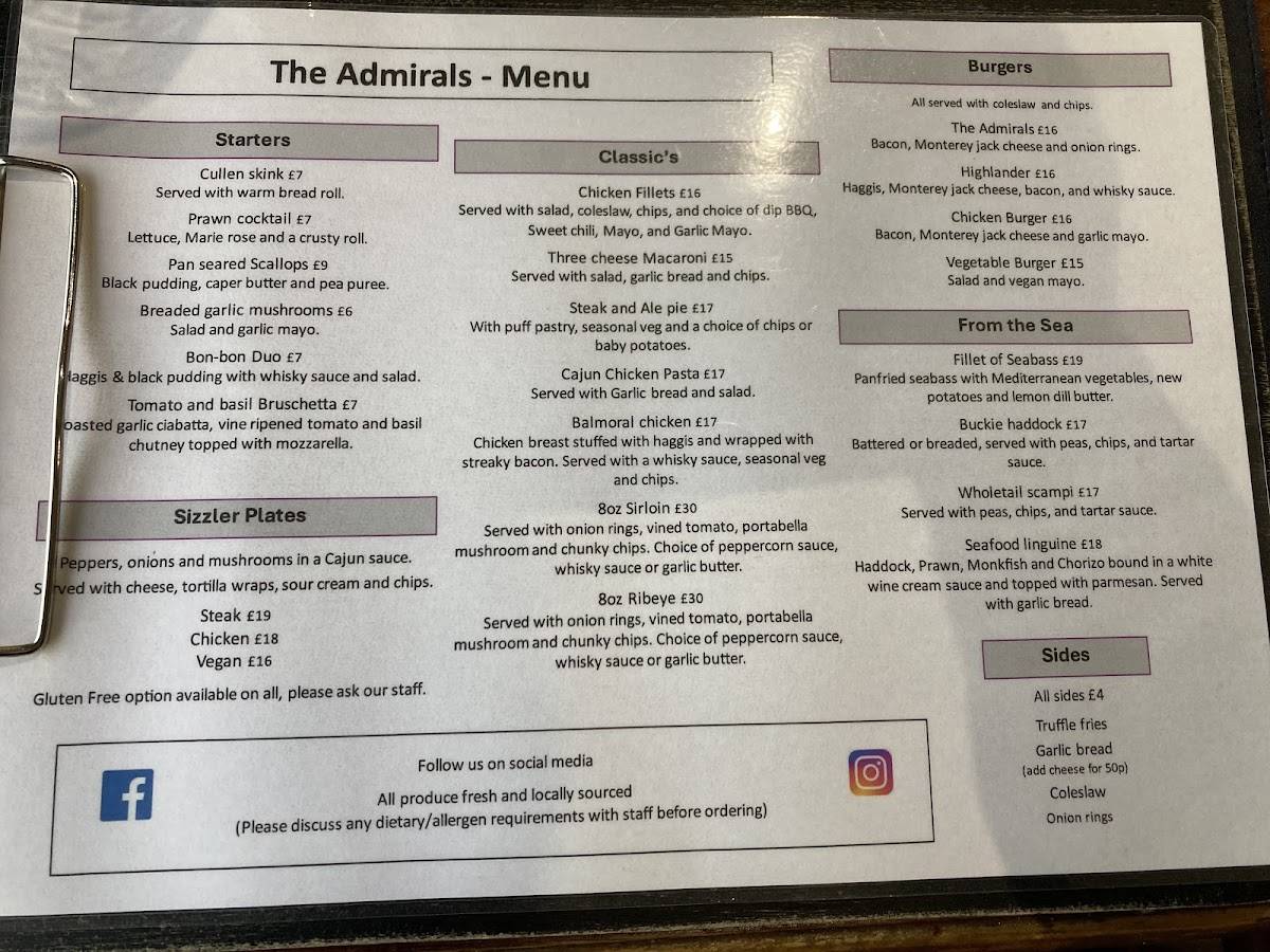 Menu at Admirals Inn Public House, Buckie, 6 Jubilee Terrace